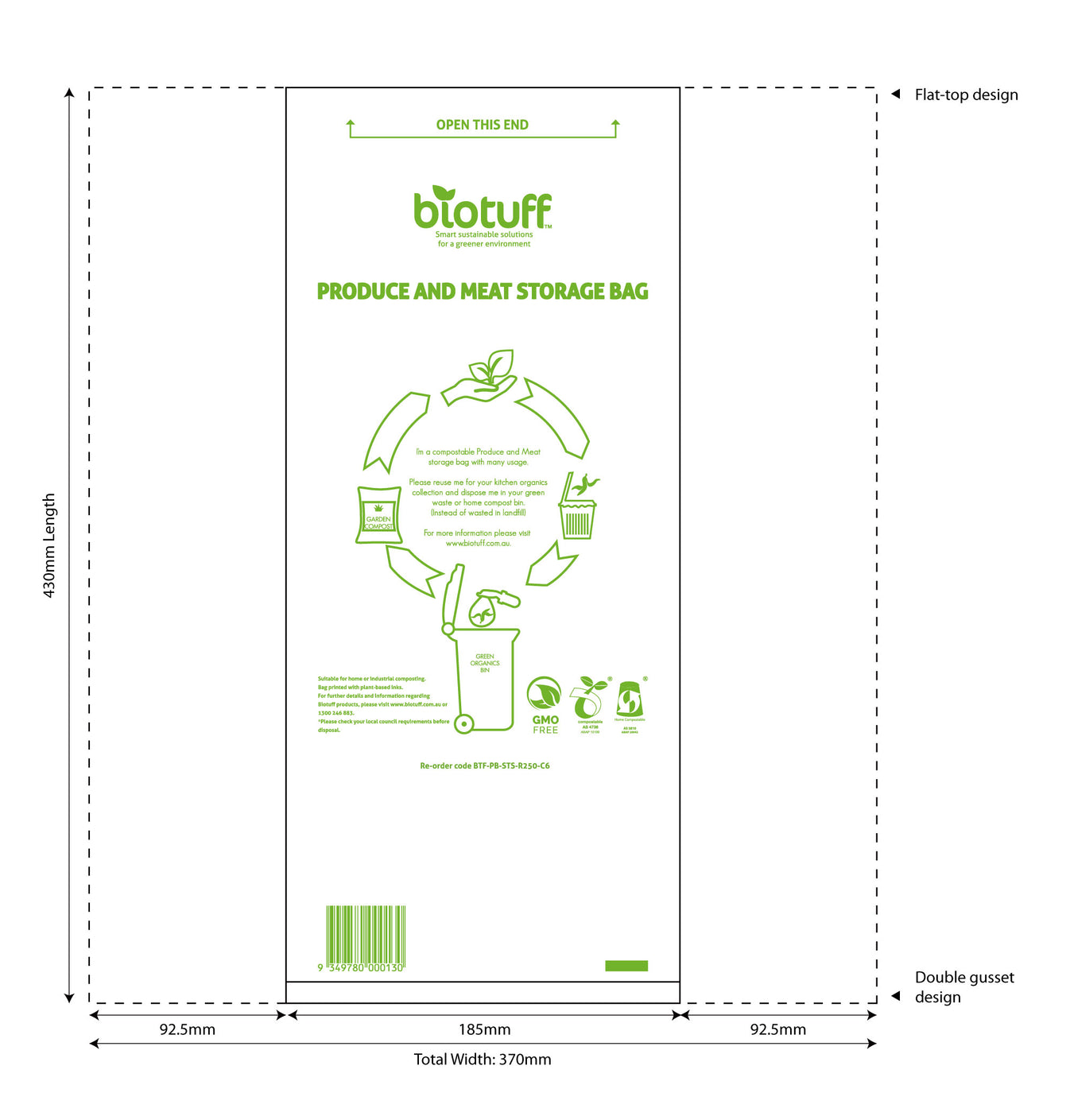 Biotuff Produce And Meat Storage Bags - 250 Bag Roll